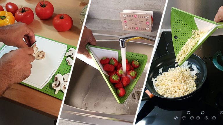 Origami Cutting Board Turns into A Colander And Strainer In A Second