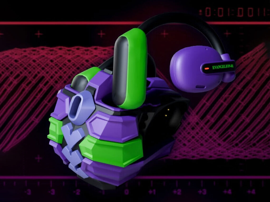 STUMPE x Evangelion EVA-01 Open Ear Bluetooth Headset Has The Umbilical Cable For Charging!